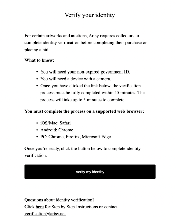 How to Complete Identity Verification | Artsy Purchase Support